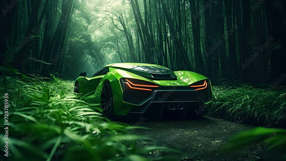 green color luxury car on the forest road. Created with generative AI ...