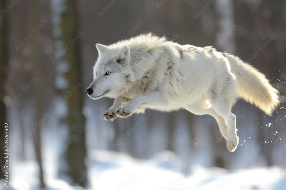 A white wolf jumping over the camera, high speed chase on the grassy ...