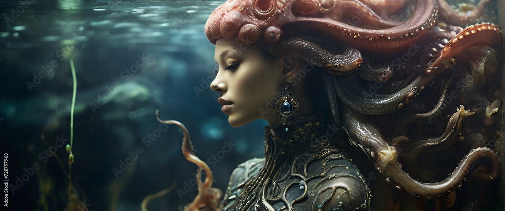 In the exquisite composition, a resplendent tentacled alien of majestic ...