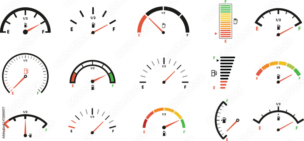 Fuel gauge scales. Gas meter, petrol level indicator for car dashboard ...
