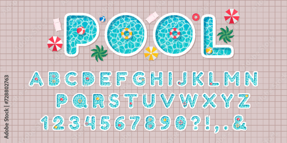 Pool party font. Swimming pools alphabet letters and numbers with water ...