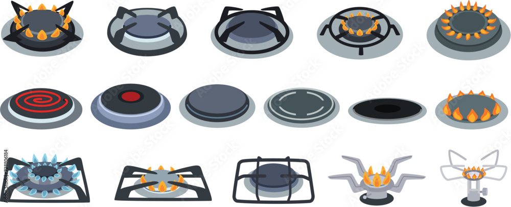 Vetor de Stove burners. Electric and gas cooker, hob burner with fire ...