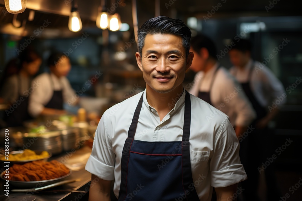 Culinary Maestro: The Asian Chef Stands Confidently Before His Team ...