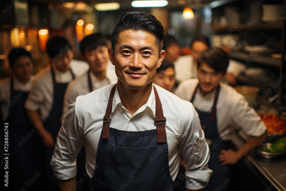 Team Collaboration: The Asian Chef Stands Before His Team, Encouraging ...