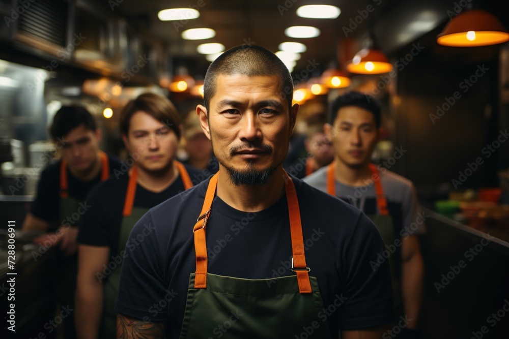 Team Collaboration: The Asian Chef Stands Before His Team, Encouraging ...
