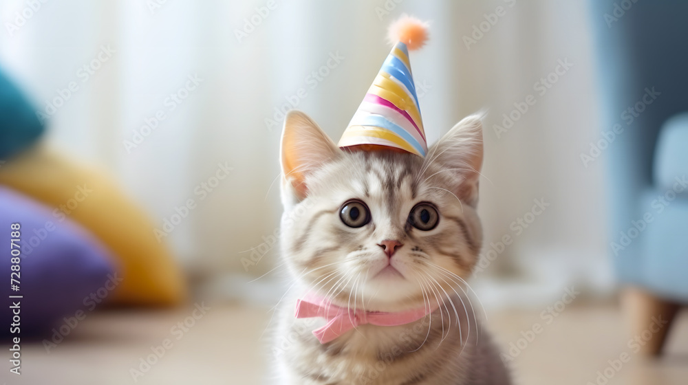 Cute kitten celebrate birthday in party hat at home. Pets birthday ...