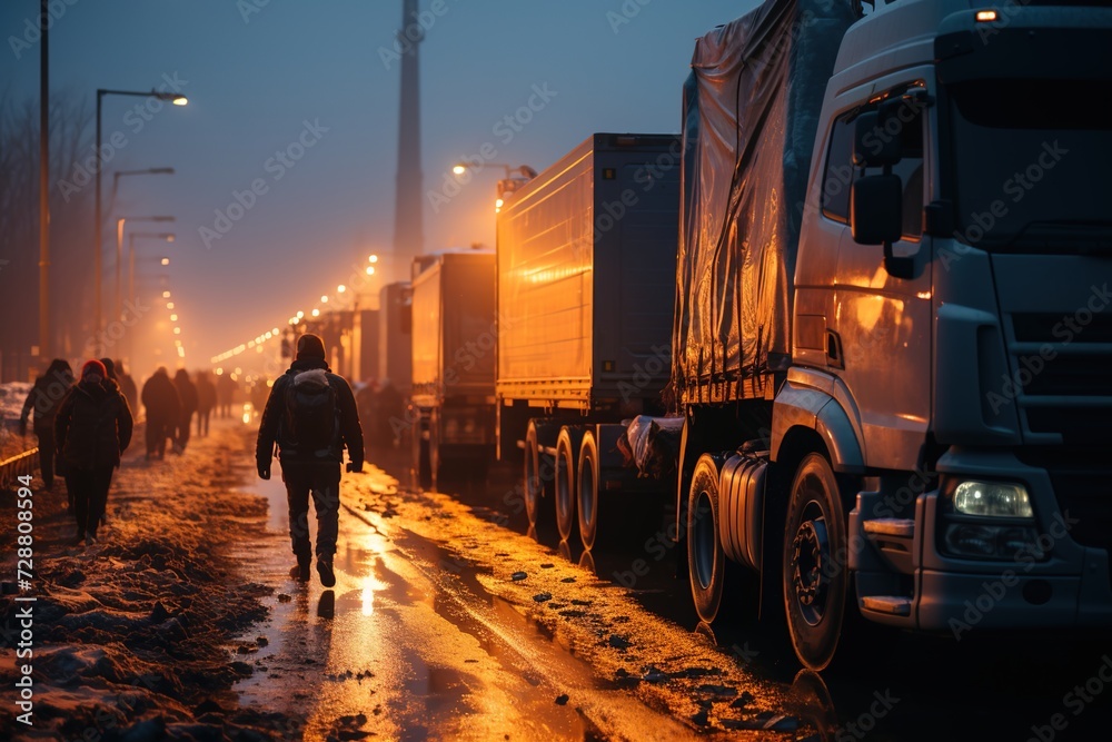 Winter Freight: A Queue of Trucks Gathers at the Border Crossing Point ...
