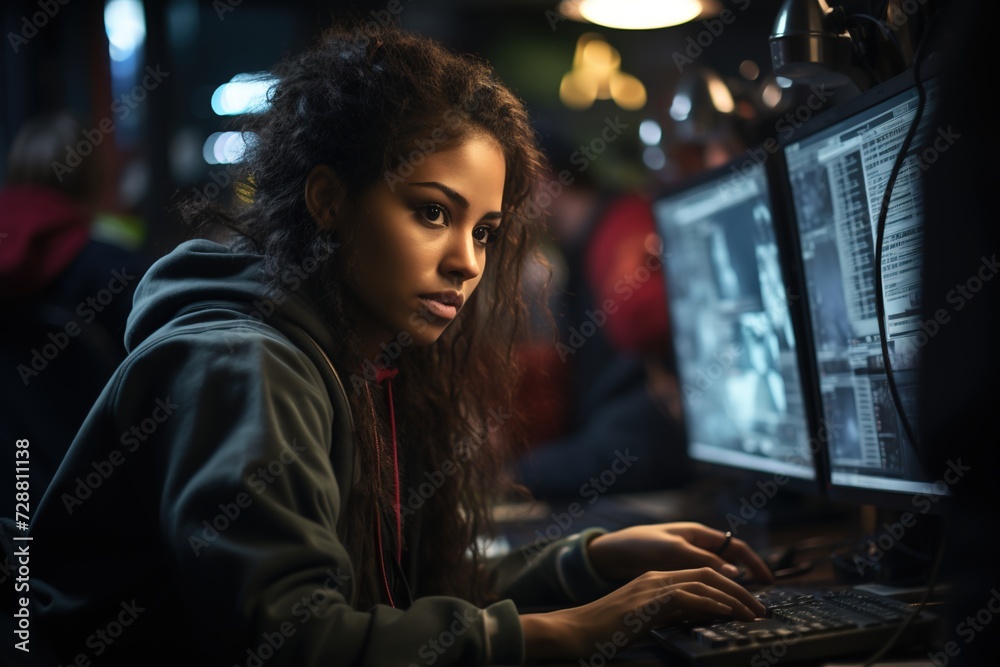 Behind the Scenes: A Female Police Officer in Uniform Concentrates on ...