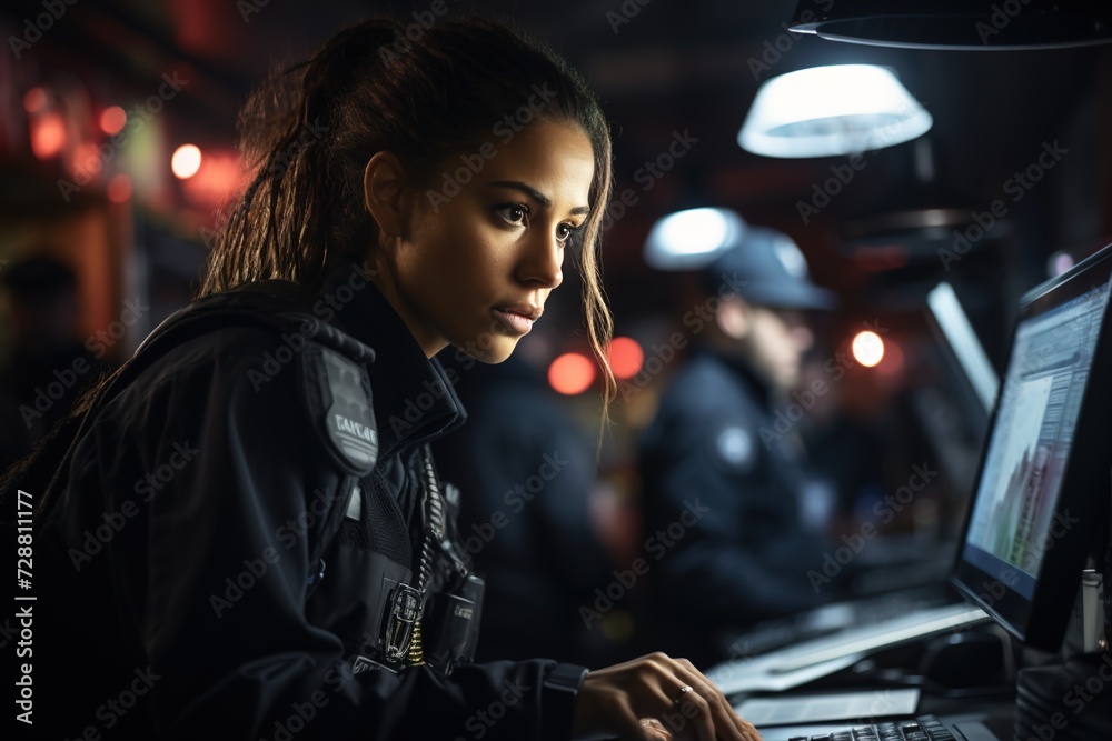 Behind the Scenes: A Female Police Officer in Uniform Concentrates on ...