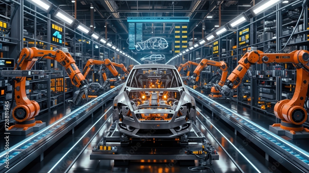 Orange robotic arms efficiently working on the assembly of a car ...