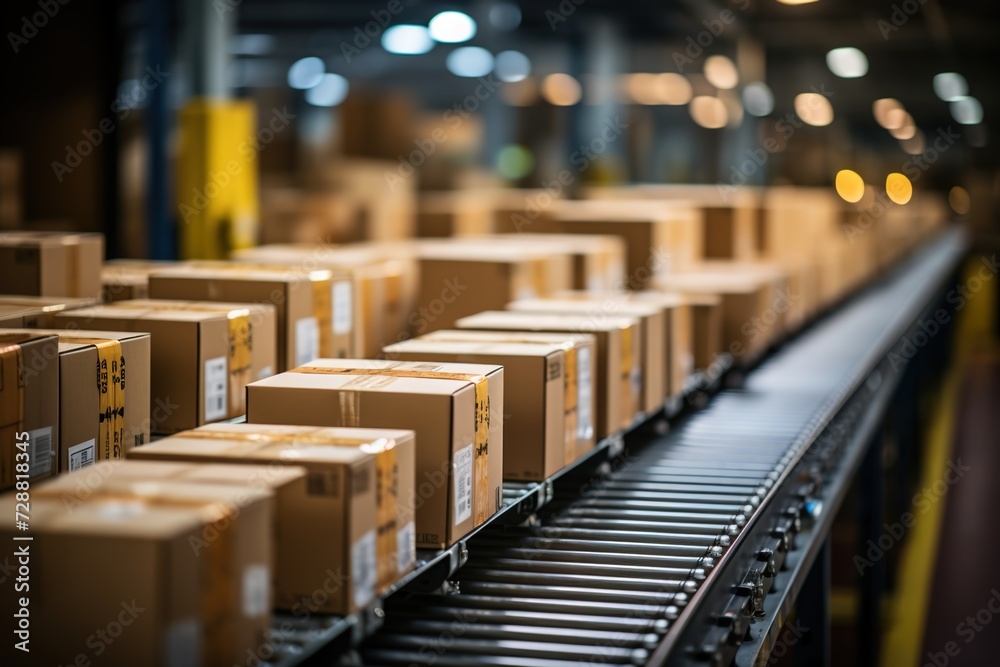 Organized Logistics: Boxes Glide Across a Conveyor Belt in a Warehouse ...