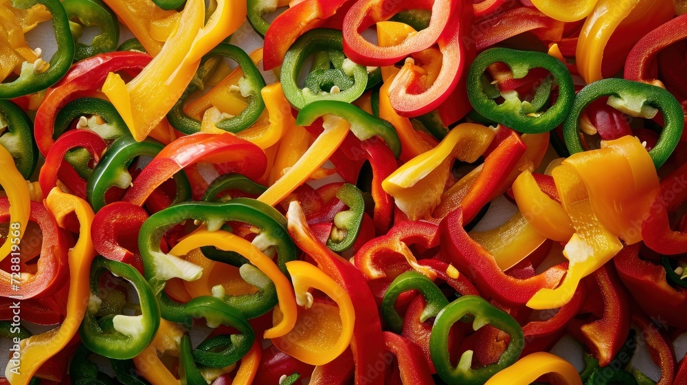 a pile of red, yellow, green and orange bell peppers with a bite taken ...
