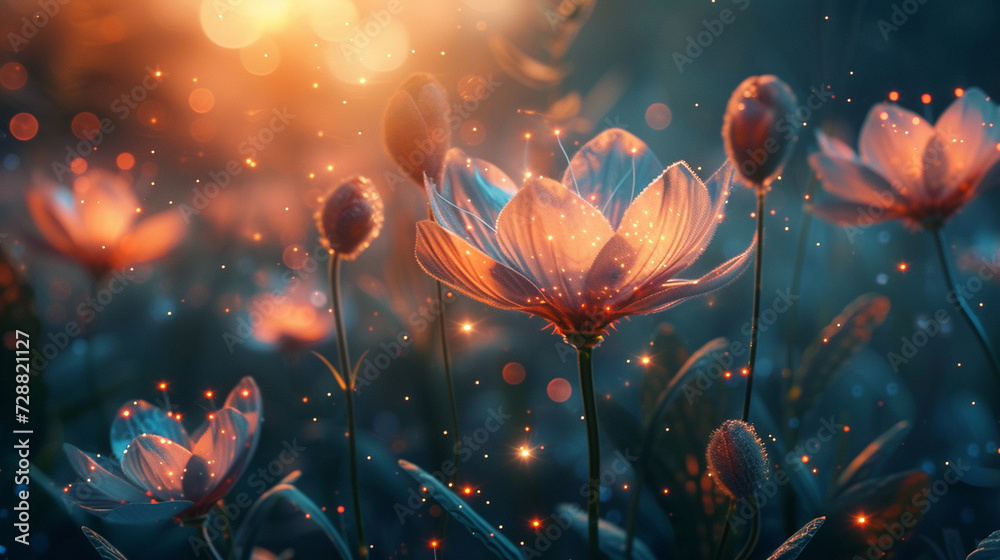 An ethereal garden where flowers bloom with celestial bodies instead of ...