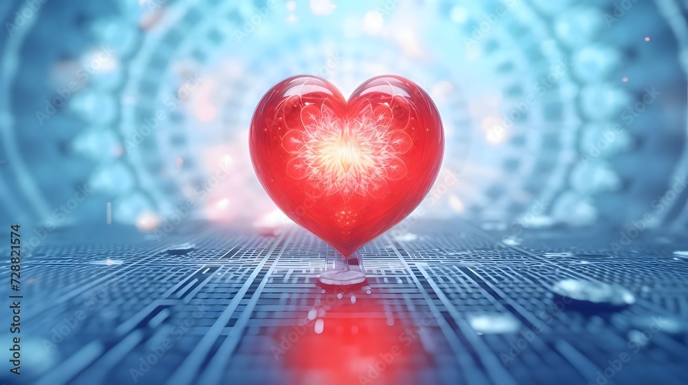 Red heart around. A large decorated circle and bars. Heart as a symbol ...