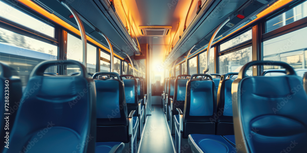 Modern City Bus Interior, nobody. Spacious and empty interior of a ...