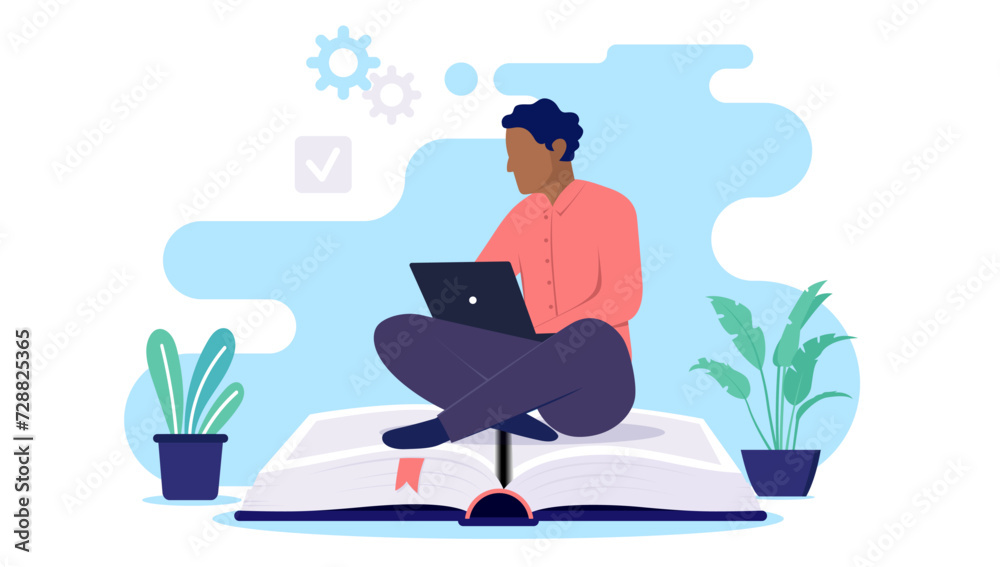 Student taking education - Black person sitting on book with laptop ...