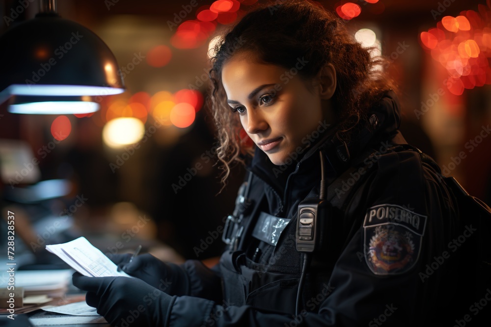 Behind the Scenes: A Female Police Officer in Uniform Concentrates on ...