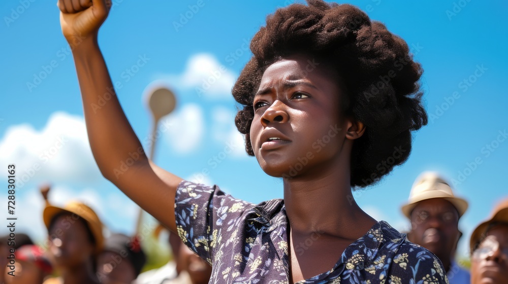 Black Woman Raising Fist at 1960s Civil Rights Demonstration Stock ...