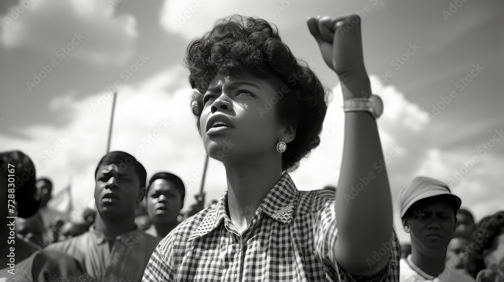 Black Woman Raising Fist at 1960s Civil Rights Demonstration Stock ...