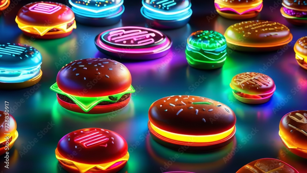 The image features a table with various neon-colored burgers on it. The ...