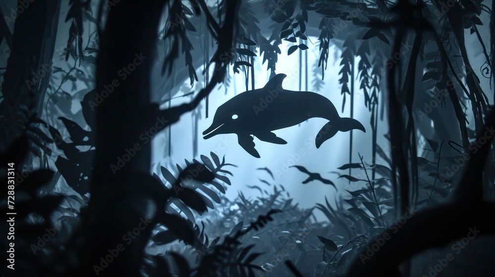 a black and white photo of a dolphin swimming in the water in front of ...