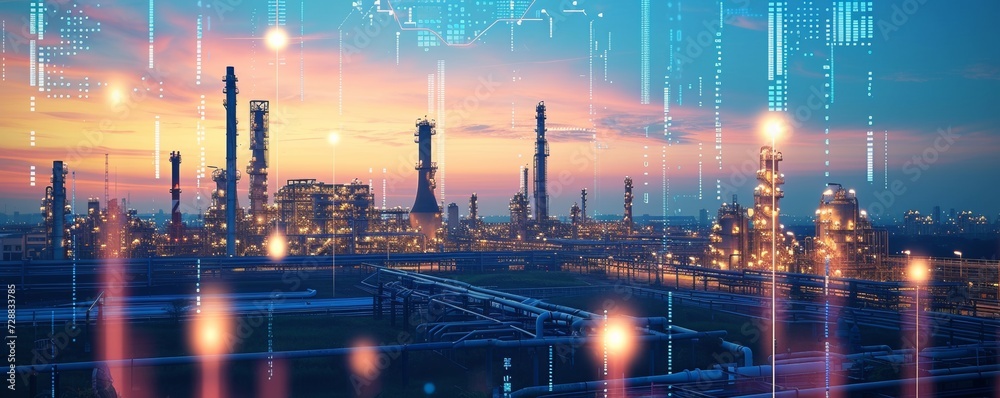 Panoramic View of Industrial Oil and Gas Refinery with Digital Overlays ...