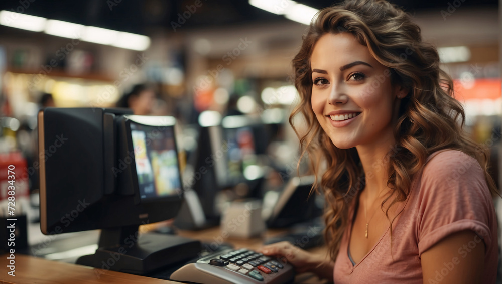 European female cashier works diligently at cash register in store ...