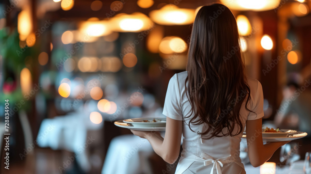 Waitress Walking Backwards with Dish In a Luxury Restaurant. Elegantly ...