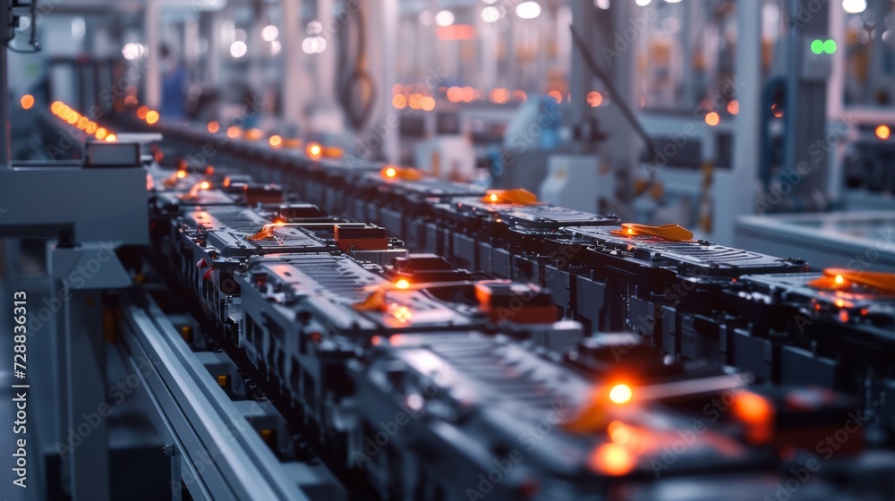 Detailed View of Electric Vehicle Battery Cells on a High-Tech Assembly ...