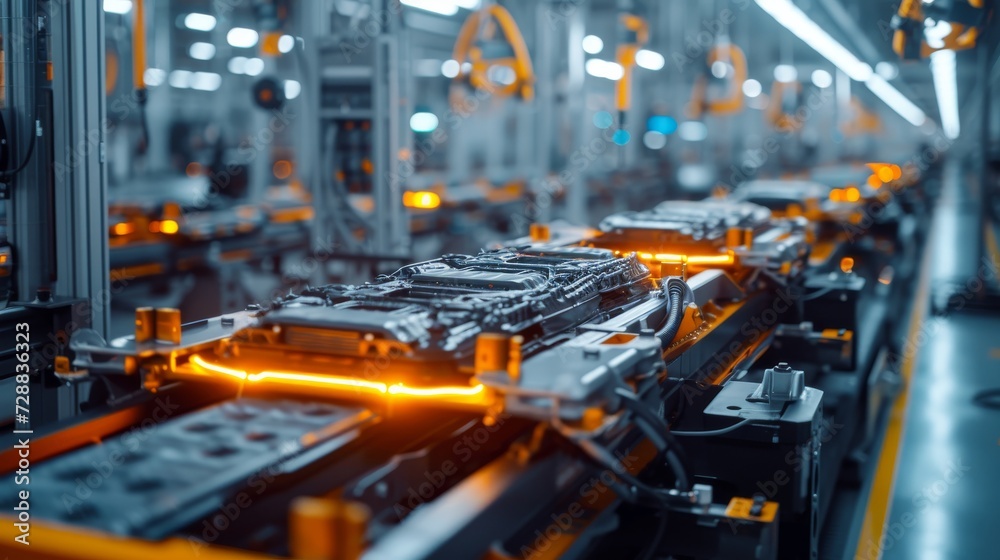 Detailed View of Electric Vehicle Battery Cells on a High-Tech Assembly ...