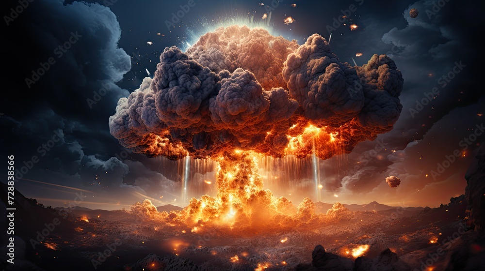 Big explosion with smoke and ash. Eruption. Explosion of a nuclear bomb ...