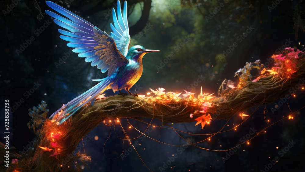 A radiant bluebird spreads its wings on a fairy lit branch amid a ...