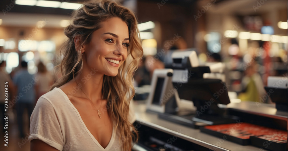 Radiant and elegant woman at checkout, radiating joy as she completes ...