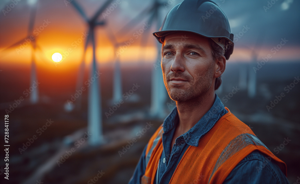 Wind energy engineer Industrial workers tablet sunset, teamwork in wind ...