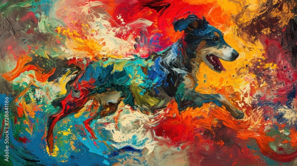 a painting of a dog running in the air with a red, yellow, blue, green ...