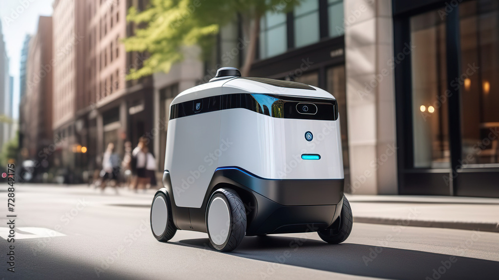 Delivery robot on city streets on a sunny day. Autonomous device for ...