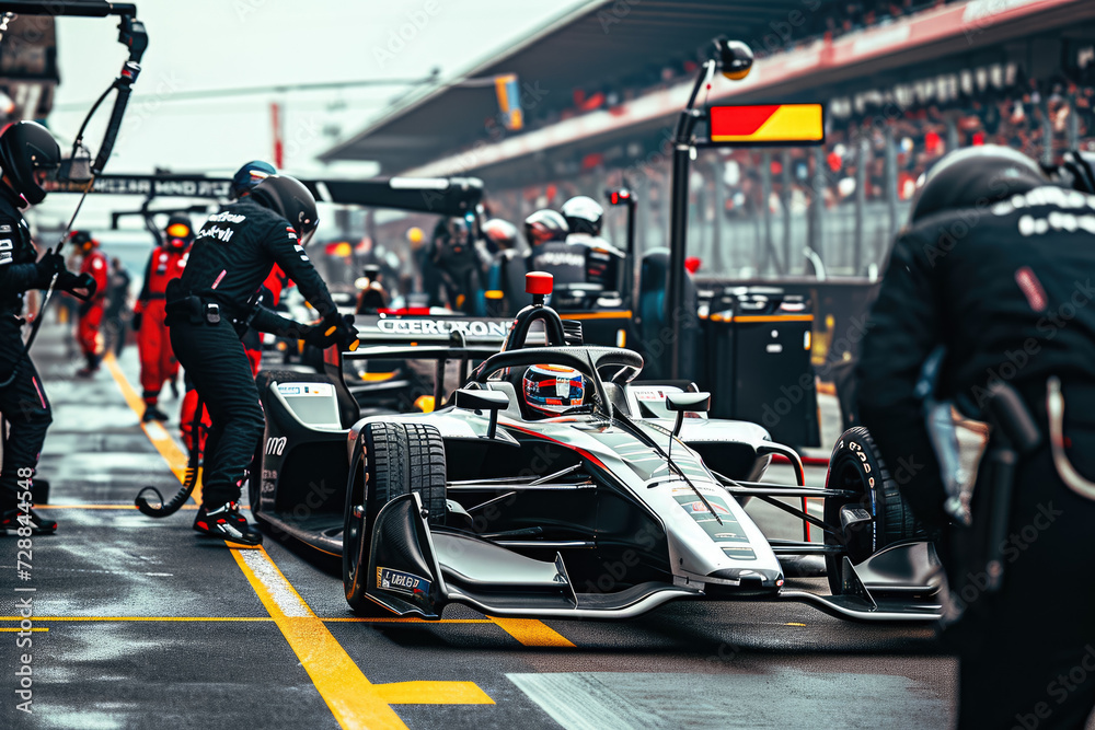 professional pit crew checking the engine of a race car during a pitstop Stock Photo | Adobe Stock