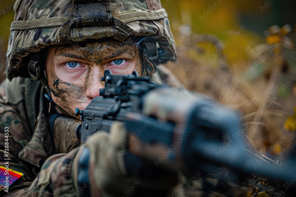 soldier fighting in a war zone with a rifle and a determined look on ...