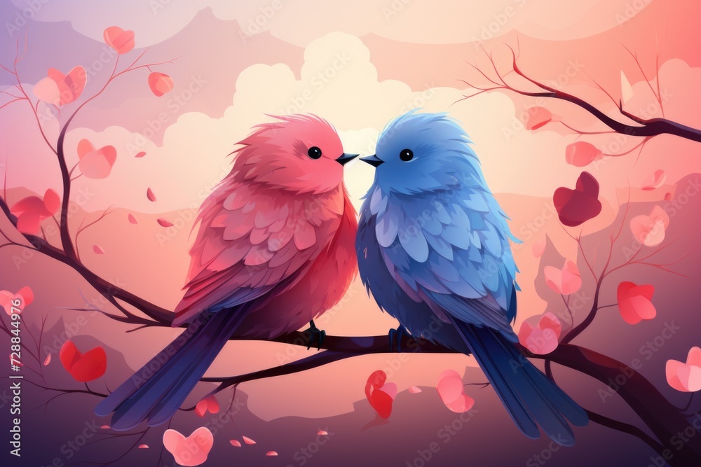 Pink and blue cartoon birds in love on a branch Stock Illustration ...