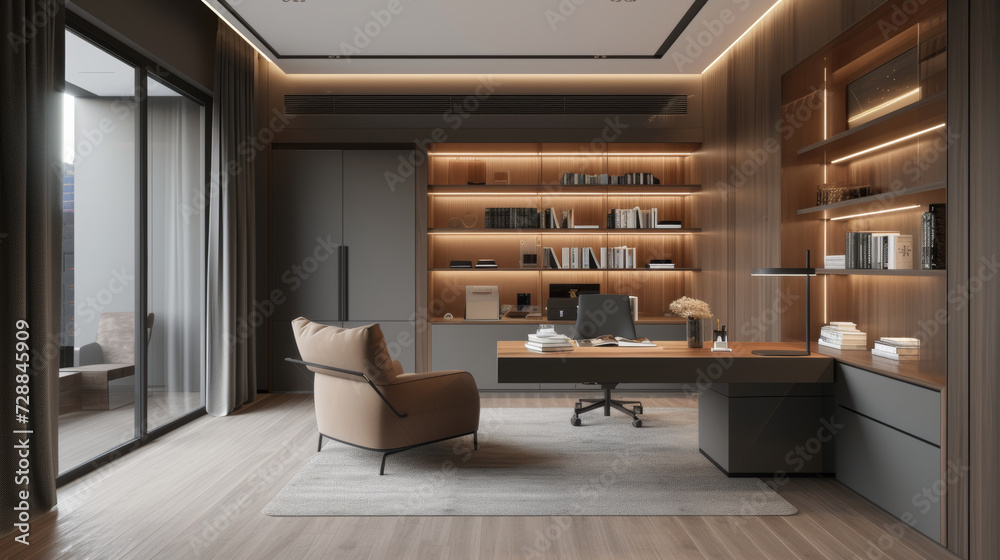 An elegant modern study room with minimalist interior design and ...