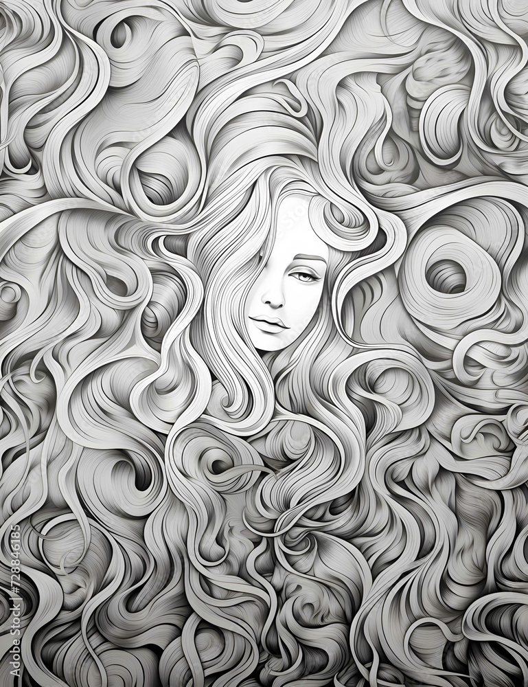 long wavy hair pattern from face in line art vector very fine and ...