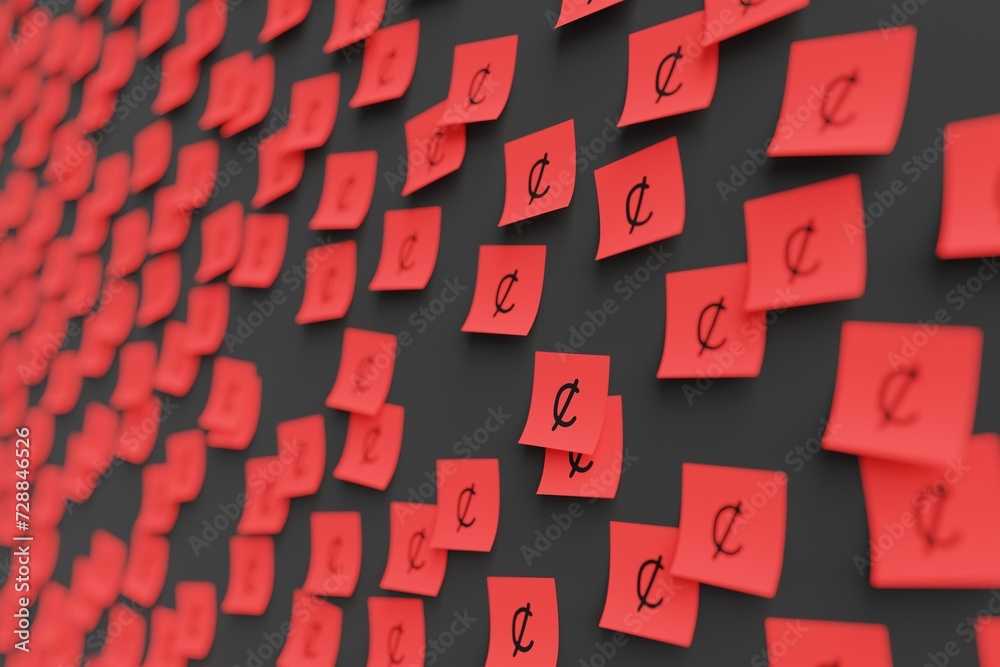 Many red stickers on black board background with symbol of Ghana cedi ...