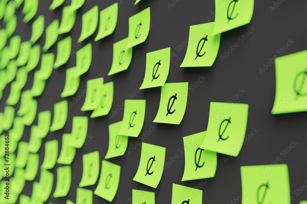 Many green stickers on black board background with symbol of Ghana cedi ...