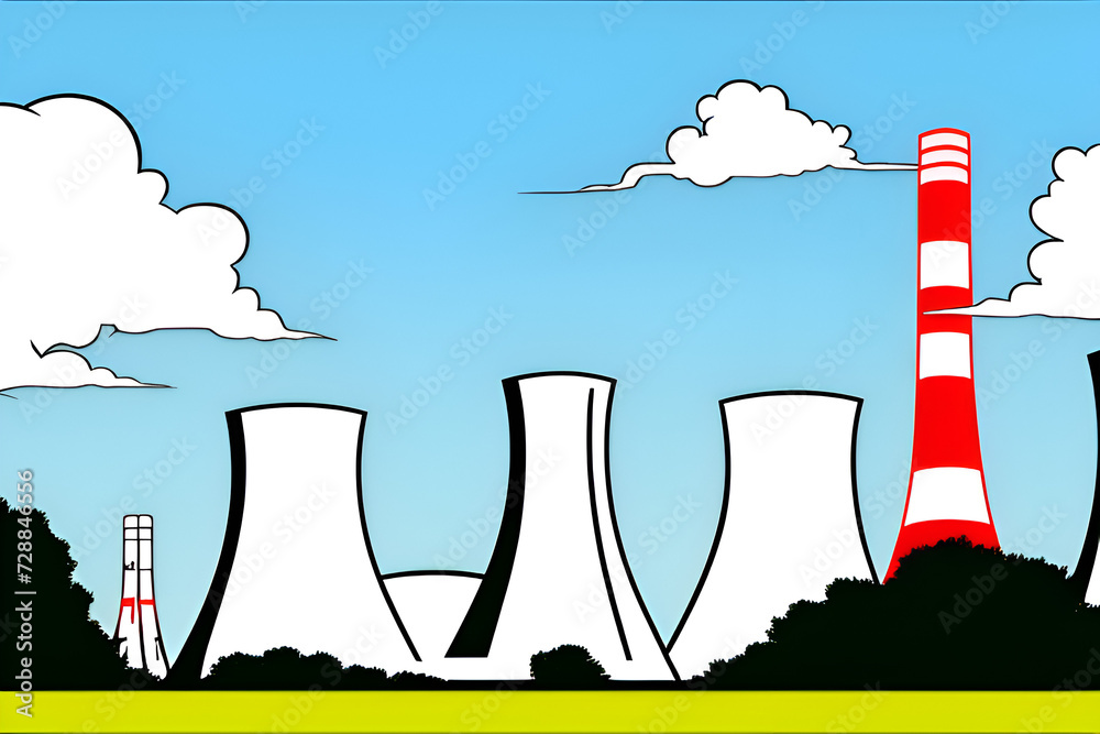 Nuclear power station plant with smoke towers for fission power ...