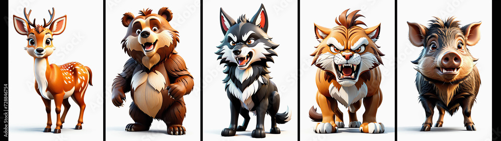 Set of various animals such as Wolf, puma, bear, deer and wild boar in ...