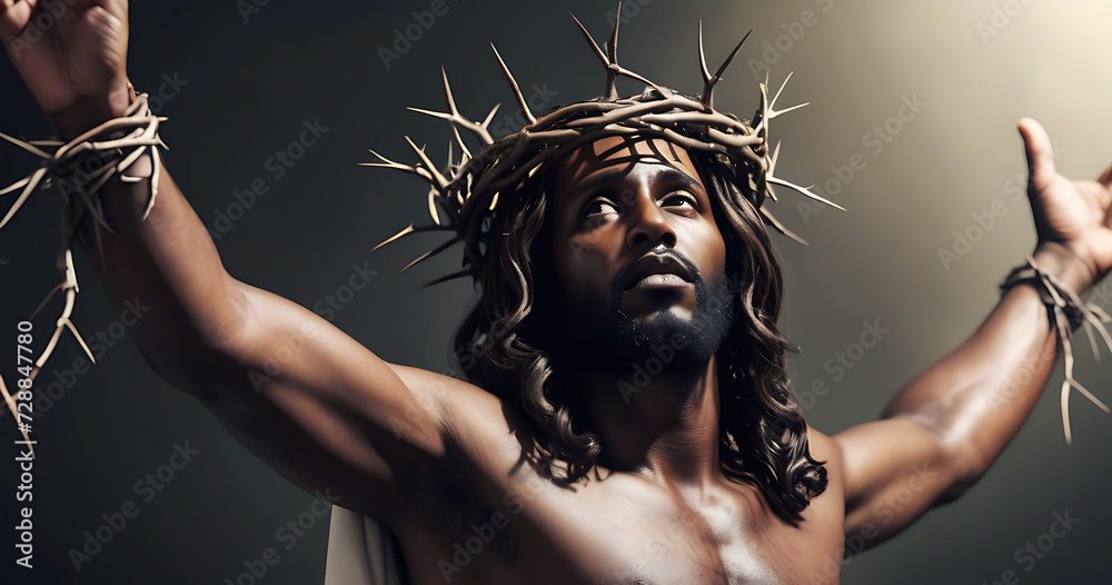Portrait of black Jesus Christ with crown of thorns on his, head in the ...