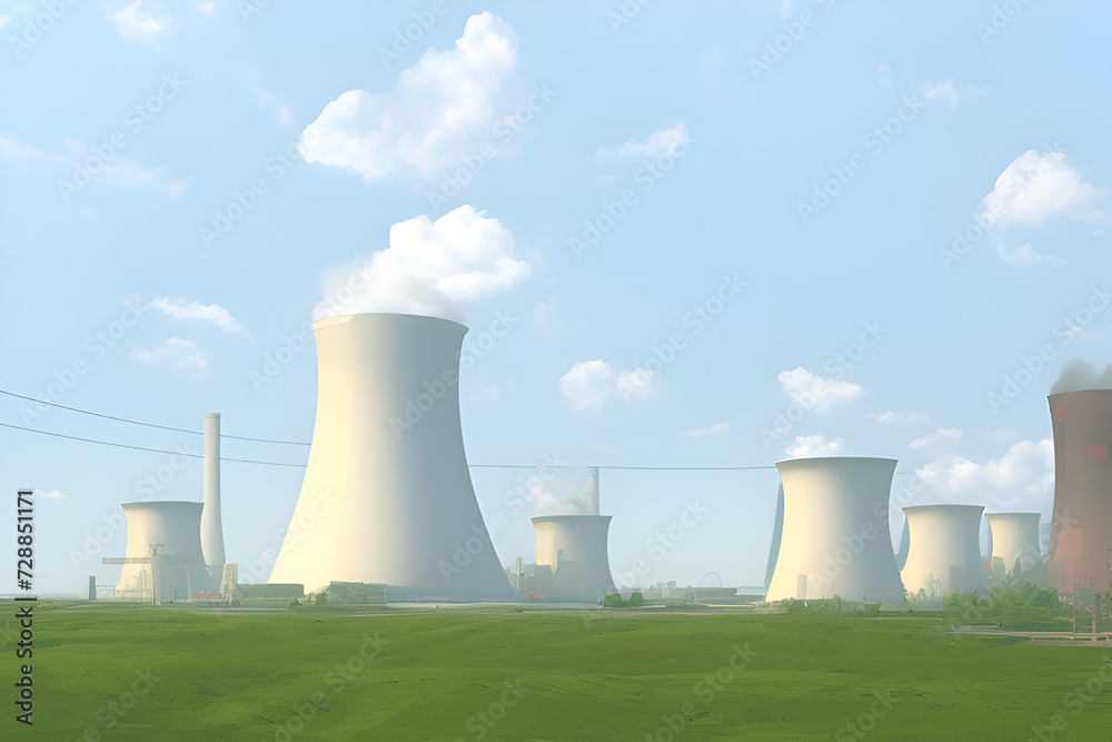 Nuclear power station with smoke fumes and steam for fission power ...