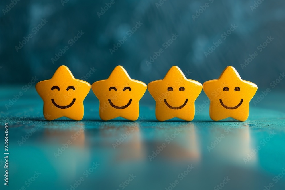 Happy customers rate golden stars, smiling emojis emoticons. Golden ...