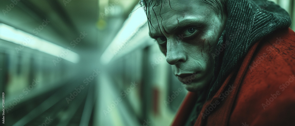 an intense closeup of a horror movie villain with a scary look in his ...