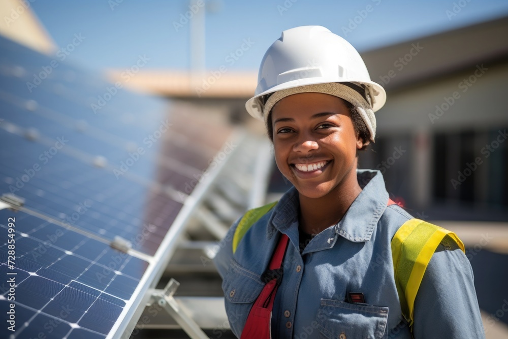 female 30's borking as a solar panel Stock Photo | Adobe Stock